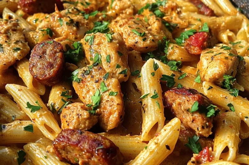 One Pot Creamy Garlic Butter Bold Cajun Chicken And Sausage Pasta